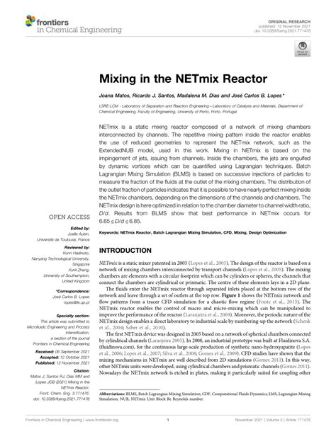 Pdf Mixing In The Netmix Reactor