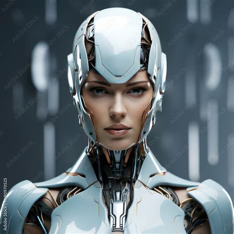 Robot Woman Looks Like A Human On Blue Blurred Background Copy Space