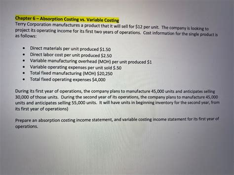 Solved Chapter 6 Absorption Costing Vs Variable Costing