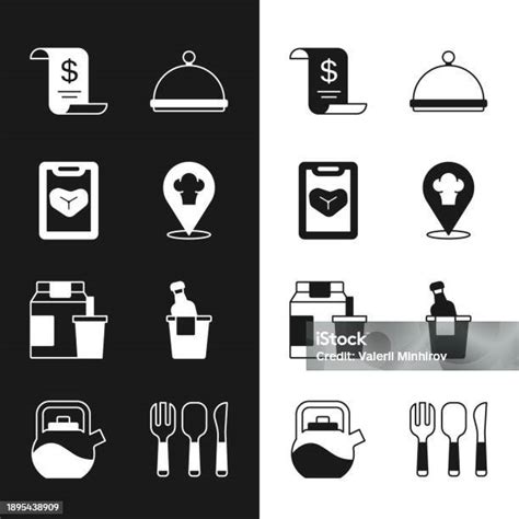 위치 레스토랑 카페 메뉴 종이 또는 재정 수표 덮힌 트레이 온라인 주문 및 배송 샴페인 얼음 양동이 포크 숟가락 나이프 및 주전자 손잡이 아이콘이 있는 셰프 모자를