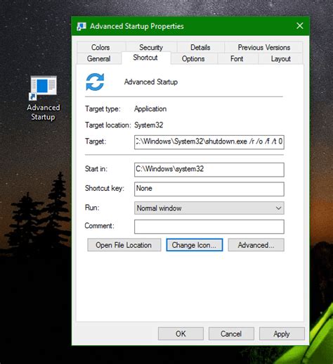 Create Shortcut To Advanced Startup Options In Windows 10
