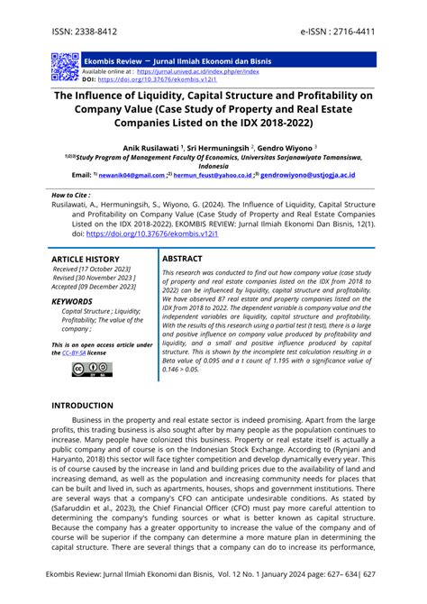 Pdf The Influence Of Liquidity Capital Structure And Profitability On Company Value Case