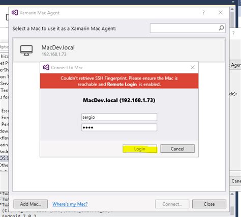Visual Studio Xamarin Agent Don T Enable Login Button When Connecting To A Mac Stack