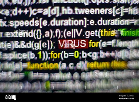 Macro Photo Of Computer Screen With Program Source Code And Highlighted Virus Inscription In The