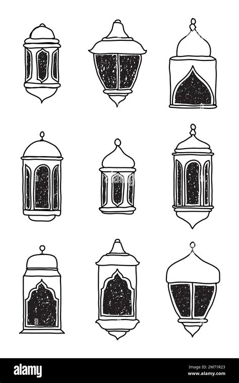 Line Islamic Arabic Lantern Symbol Icon Collection Set Hand Drawn Set