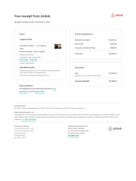 Airbnb Travel Receipt Rc59kwjh9h Pdf