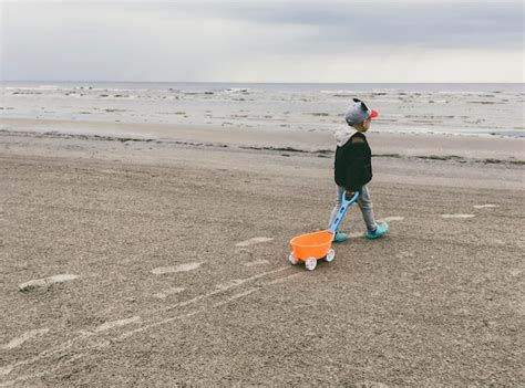 Premium Photo Boy Pulling Wagon While Walking At Beach