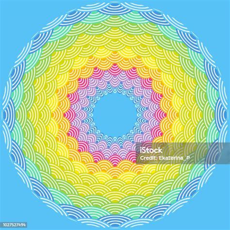 라운드 화 환 구성 무지개 프레임입니다 간단한 자연 배경 일본 파 원 패턴 녹색 노란 주황색 분홍색 자주색 블루 색상 카드 배너 디자인을 조정합니다 벡터 0명에 대한 스톡