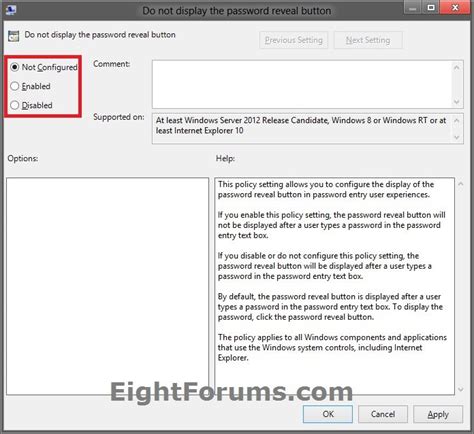 password reveal button enable or disable in windows 8 windows 8