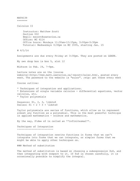 math138 lecture notes math calculus ii instructor matthew