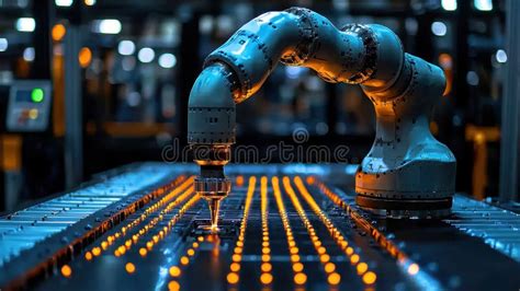 Automated Industrial Robot Arm Precisely Assembling Circuit Board Components In Factory Stock