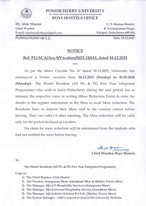 Notice For Submission Of Mess Reduction Form Who Wish To Leave