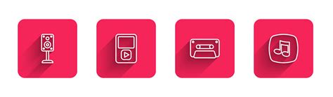 세트 라인 스테레오 스피커 음악 플레이어 레트로 오디오 카세트 테이프 및 음표 긴 그림자가 있는 톤 빨간색 사각형 버튼입니다 벡터 Mp3 플레이어에 대한 스톡 벡터 아트 및