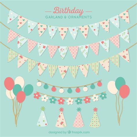 파스텔 색상의 생일 화환 및 장식품 무료 벡터