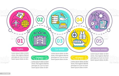 여행 플래너 벡터 인포 그래픽 템플릿입니다 비행 크루즈 비즈니스 프리젠 테이션 디자인 요소 5단계로 데이터 시각화 프로세스 타임