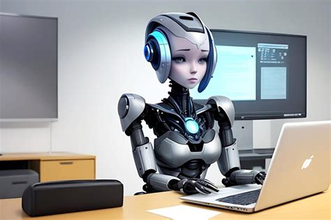Premium Ai Image Woman Robot Working With Laptop In The Office Instead Of Humans