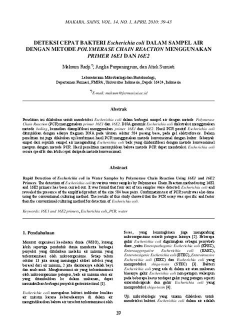 Pdf Deteksi Cepat Bakteri Escherichia Coli Dalam Sampel Air Dengan Metode Polymerase Chain