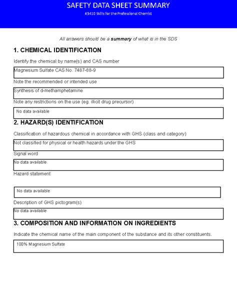 Sds Magnesium Sulfate Safety Data Sheet Summary 65410 Skills For The