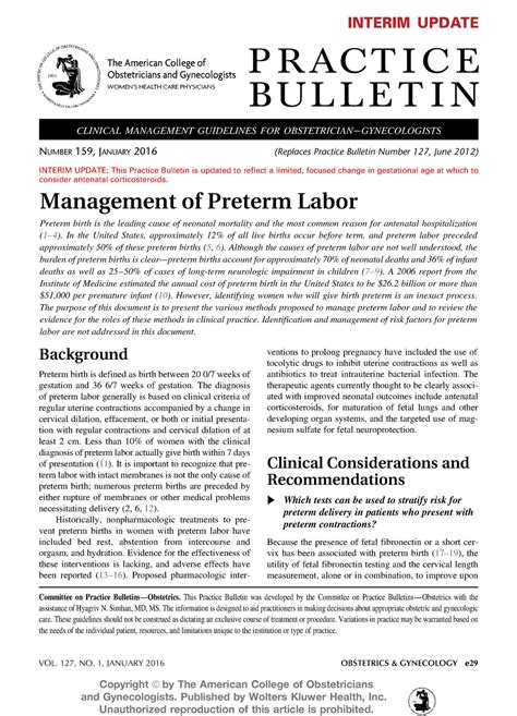 2016 Acog Management Of Preterm Labor Interim Update The American College Of Obstetricians And