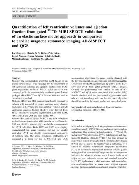 Pdf Quantification Of Left Ventricular Volumes And Ejection Fraction From Gated 99mtc Mibi