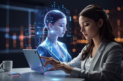 Software Coding Hologram And Woman Analyzing Data On Tablet Premium