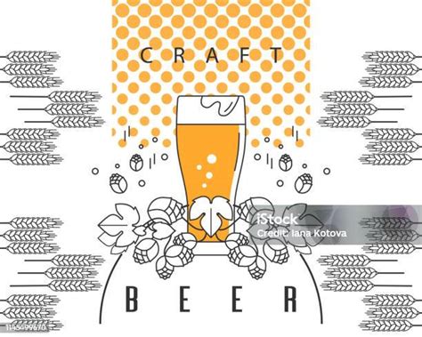 맥주 유리 홉과 밀 양조 재료와 맥주 공예 양조장 술집 바 레스토랑에 대 한 그림 리본 벡터 개념입니다 현대적인 선 스타일 맥주에 대한 스톡 벡터 아트 및 기타 이미지