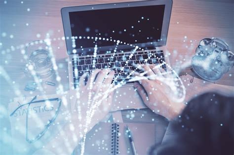 Premium Photo Double Exposure Of Man S Hands Typing Over Computer Keyboard And Dna Hologram