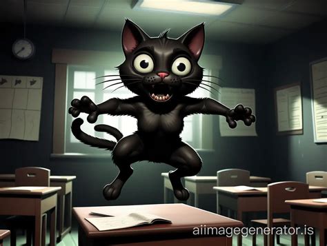 Sinister Black Cartoon Cat Leaping In A Dark Classroom Ai Image Generator