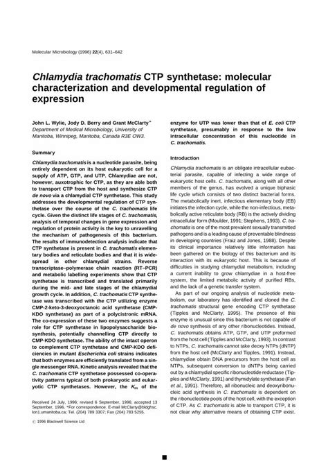 Pdf Chlamydia Trachomatis Ctp Synthetase Molecular Characterization
