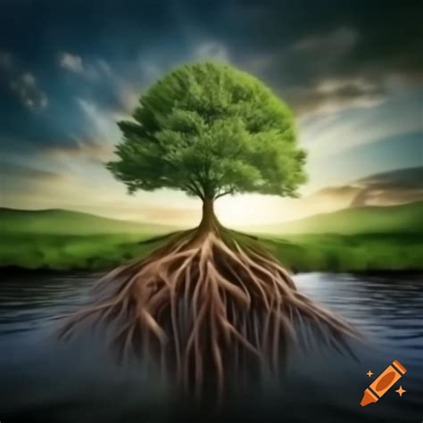 Beautiful Strong Tree Near River With Deep Roots Symbolizing Life And