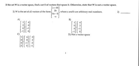 solved if the set w is a vector space find a set s of