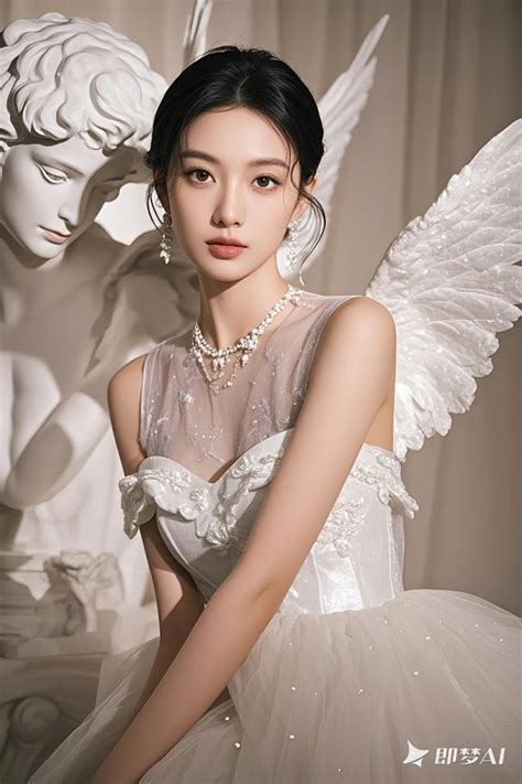美丽的模特，东方女生，温柔，气质，高定礼服，大眼睛，甜美，唯美意境，高级感，面部细节完美，人物细节精致，清透，奇幻的光影，细腻的光泽，磨砂质感，高级感背景，艺术感背景，高级感色调，丘比特雕塑