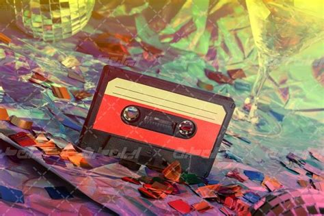 تصویر با کیفیت نوار کاست همراه با نوار قدیمی و ابزار موسیقی قدیمی