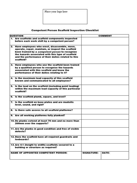 Competent Person Scaffold Inspection Checklist Pdf Scaffolding