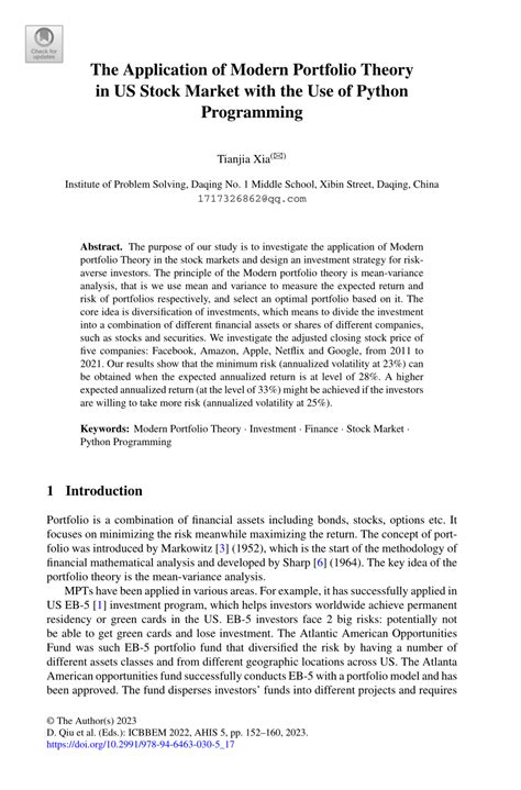 Pdf The Application Of Modern Portfolio Theory In Us Stock Market