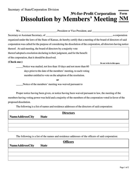 Form Nm Not For Profit Corporation Dissolution By Members Meeting Kansas Secretary Of State