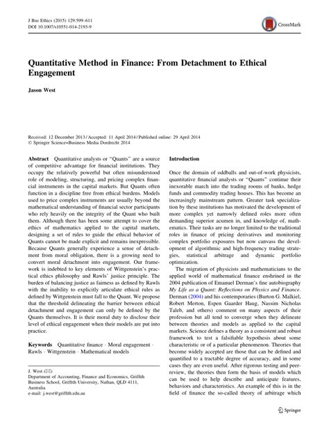 Pdf Quantitative Method In Finance From Detachment To Ethical Engagement