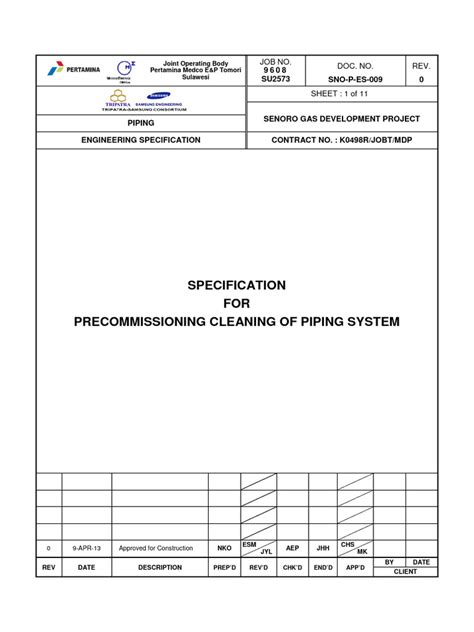 Sno P Es 009 Specification For Precomm Cleaning Of Piping System Rev