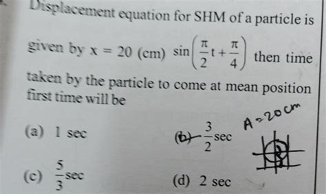 displacement equation for shm of a particle is given by x 20 cm sin 2π t