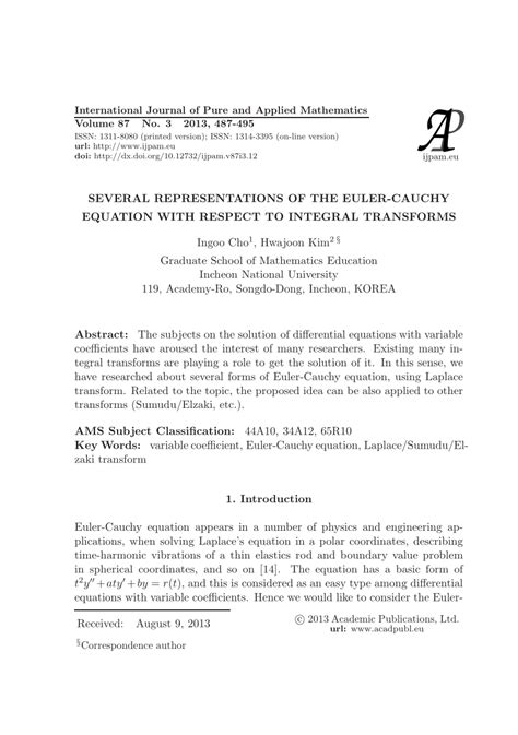Pdf Several Representations Of The Euler Cauchy Equation With Respect To Integral Transforms