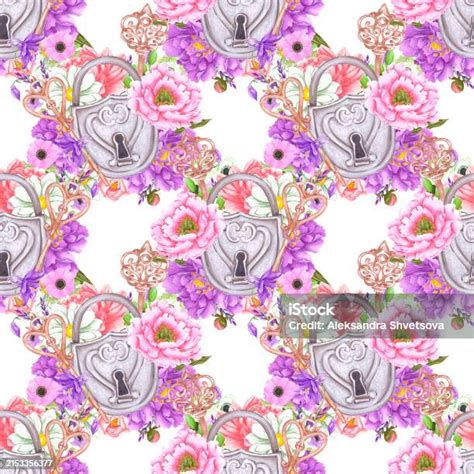 손으로 그린 수채화 꽃다발 빈티지 자물쇠 열쇠 완벽 한 패턴 바로크 양식의 그림 흰색 배경에 고립되어 있습니다 직물 선물 포장 및 기타 인쇄 제품에 사용할 수 있습니다 0