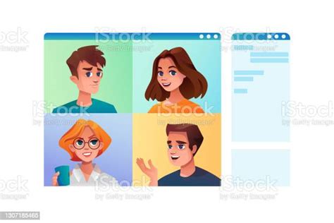 비디오 온라인 컨퍼런스 남성과 여성은 인터넷에서 온라인 채팅을 격리 메시지에 대한 페이지 소셜 넷 사용자와 벡터 화면 프리랜서 또는 Entepreneurs를 말하기 먼 일의