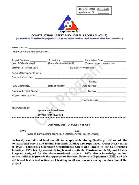 Simplified Cshp Application Form Pdf Occupational Safety And Health Safety
