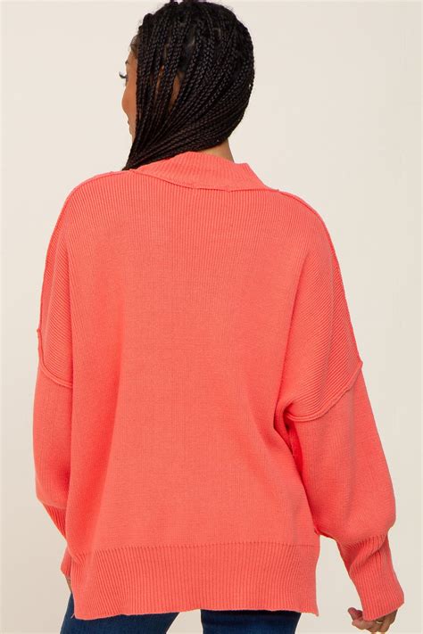 Coral Mock Neck Exposed Seam Sweater Pinkblush