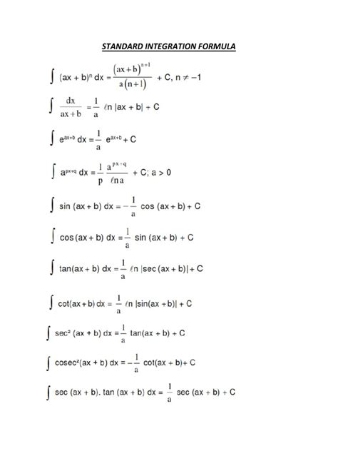 Standard Integration Formula Pdf