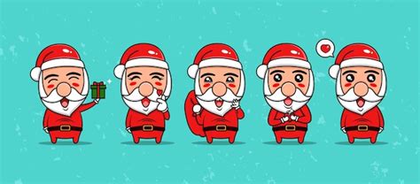 Милый мультяшный санта клаус с пятью позами Premium векторы Премиум вектор