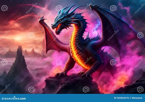 Ai Generated Illustration Of A Majestic Dragon Stands In A Commanding