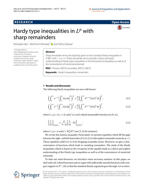 Pdf Hardy Type Inequalities In L P L {p} With Sharp Remainders