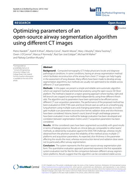 Pdf Optimizing Parameters Of An Open Source Airway Segmentation