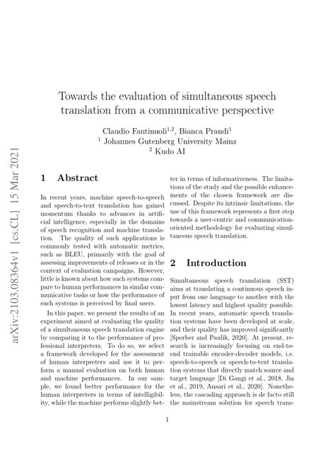 Pdf Towards The Evaluation Of Simultaneous Speech Translation From A Communicative Perspective